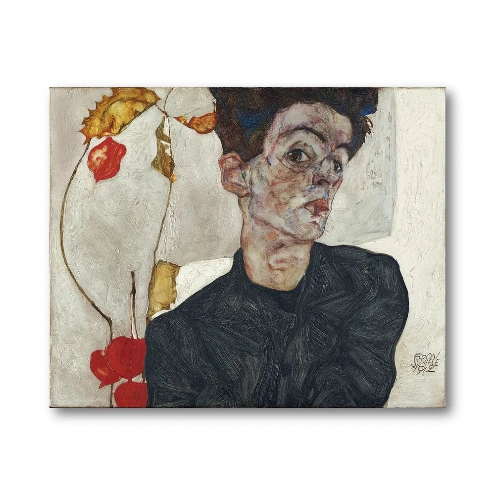 Self-Portrait with Physalis by Egon Schiele Art Print – Stone and Gray